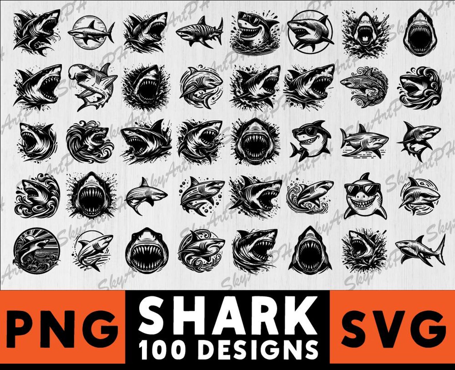 100 Shark Designs Bundle Bold Shark Clipart Collection PNG SVG Files ...