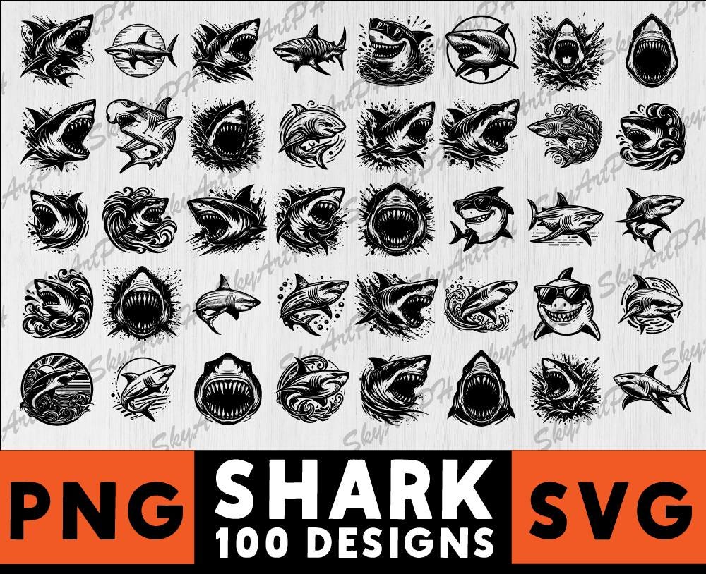 100 Shark Designs Bundle | Bold Shark Clipart Collection | PNG SVG ...