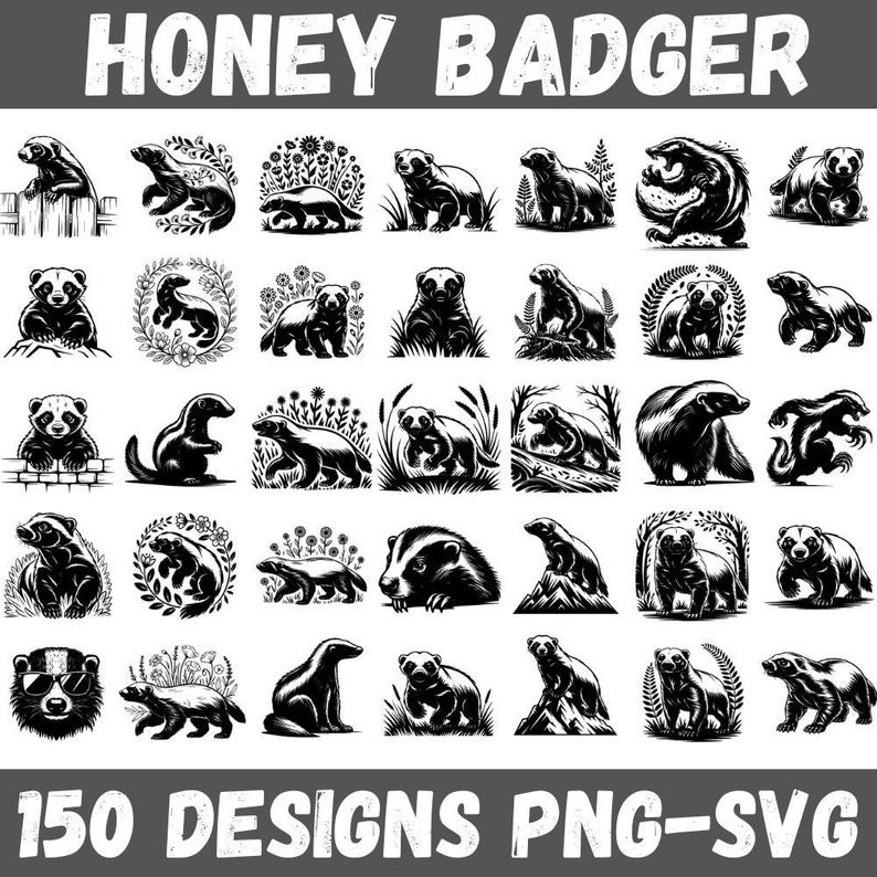 Honey Badger Clipart Bundle: 150 Fierce Animal Designs (SVG, PNG) for ...