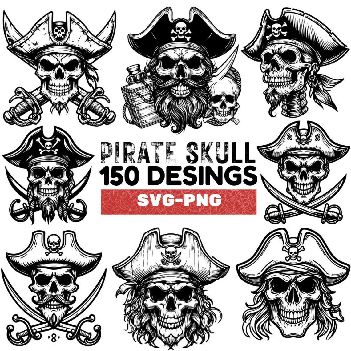 Pirate Skull SVG PNG Design Bundle | Epic Skull Clipart for Crafts ...