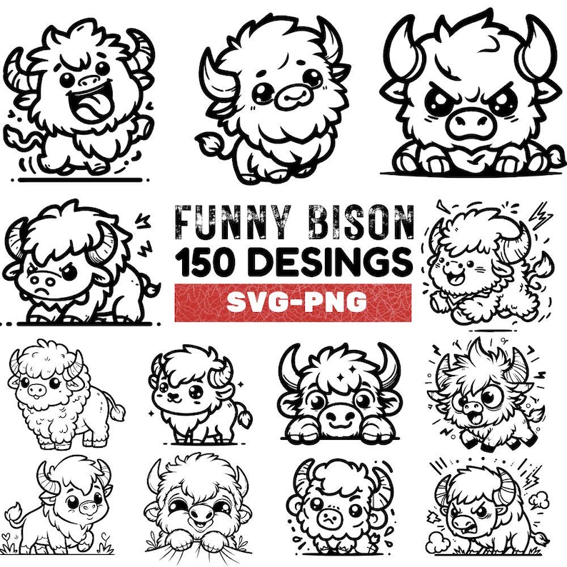 Funny Bison SVG PNG Design Bundle | Cute Cartoon Bison Clipart for Kids ...