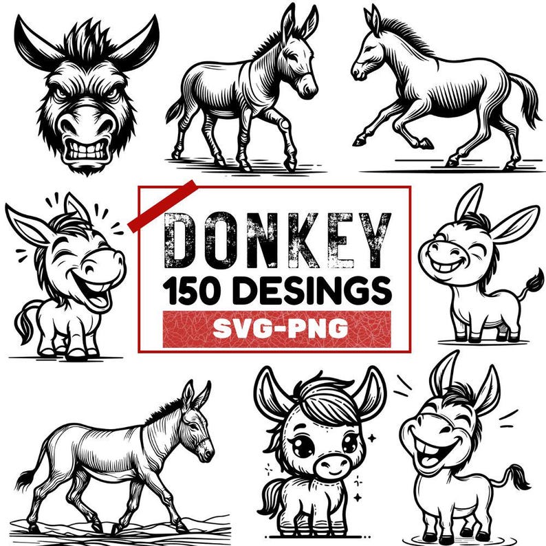 Donkey Design Bundle | Cute & Funny Donkey SVG PNG Collection | Farm ...