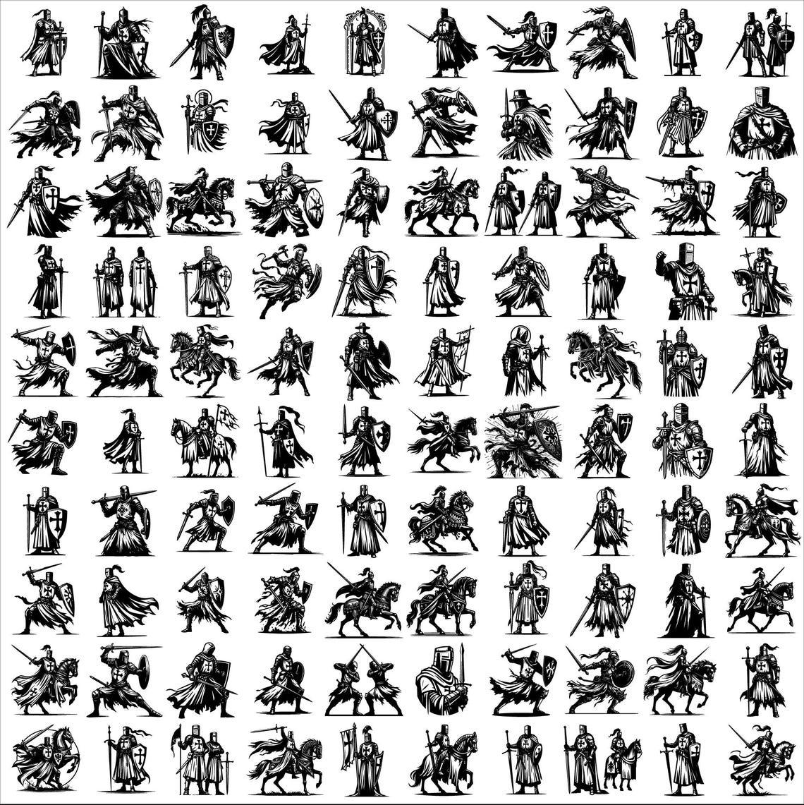 Crusader Knight SVG Bundle: 100 Medieval Warrior Designs (digital Art ...
