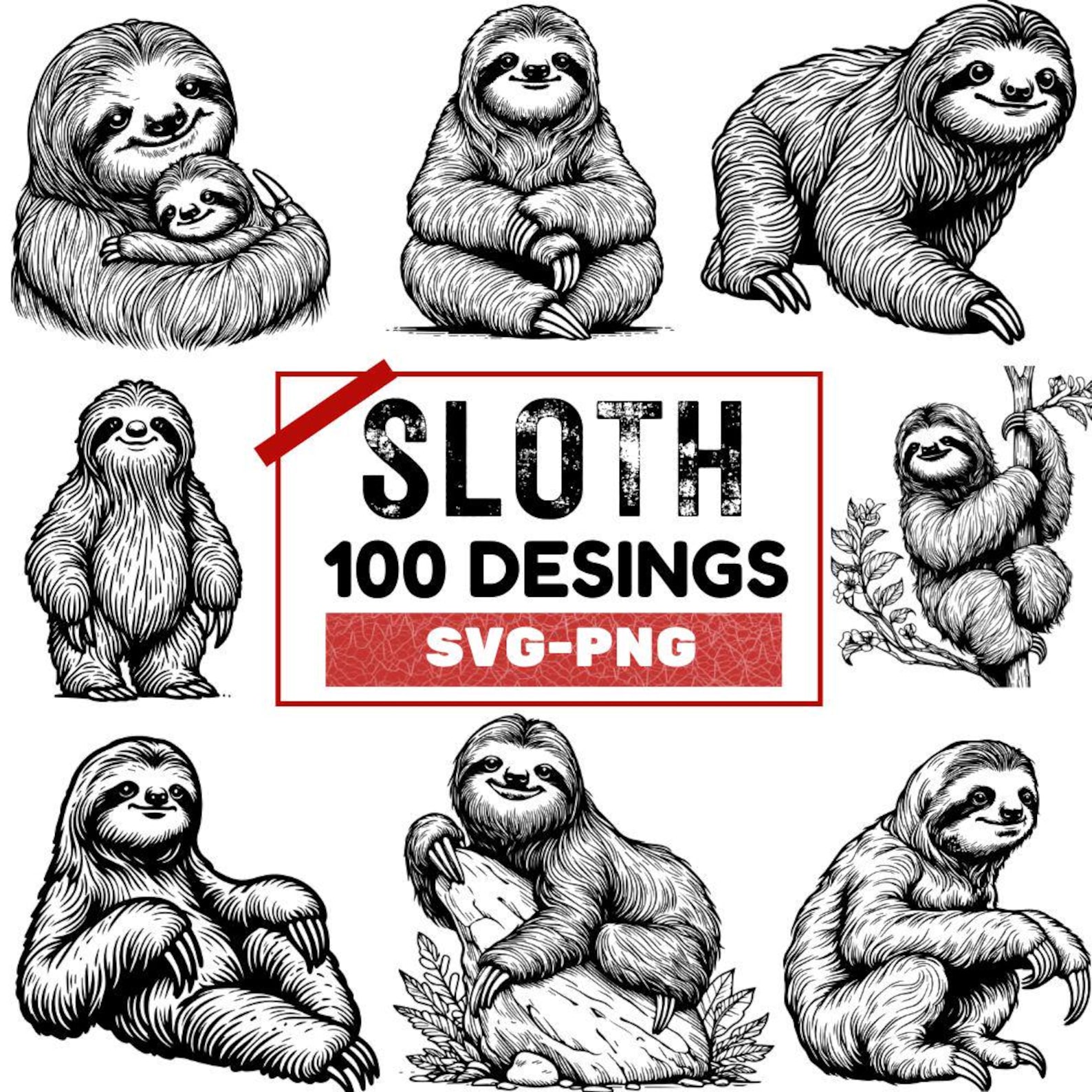 Sloth Design Bundle | Cute Sloth Clipart Collection | SVG PNG Files for ...