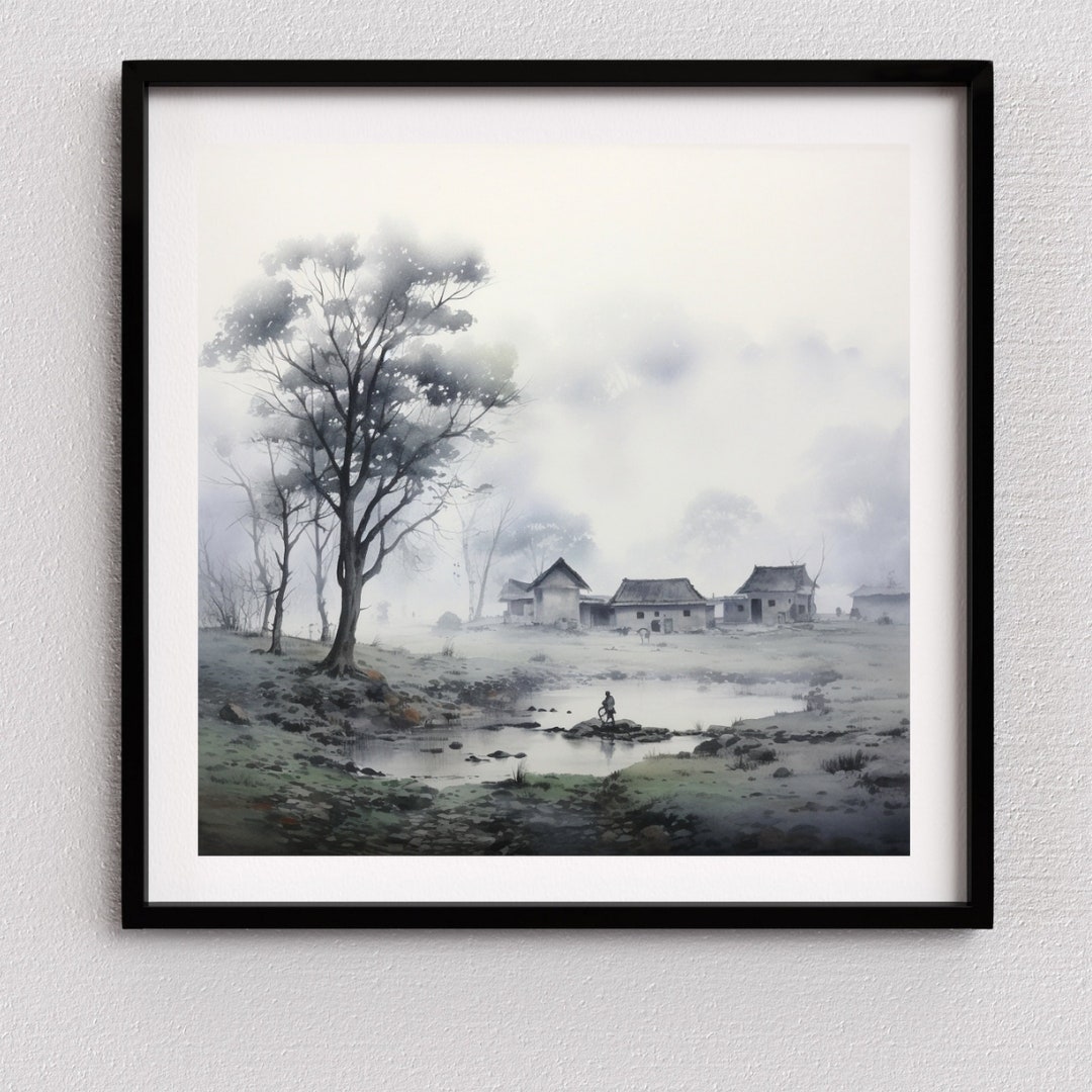 Mist Village Painting Digital Wallpaper I Housewarming Gift I - Etsy