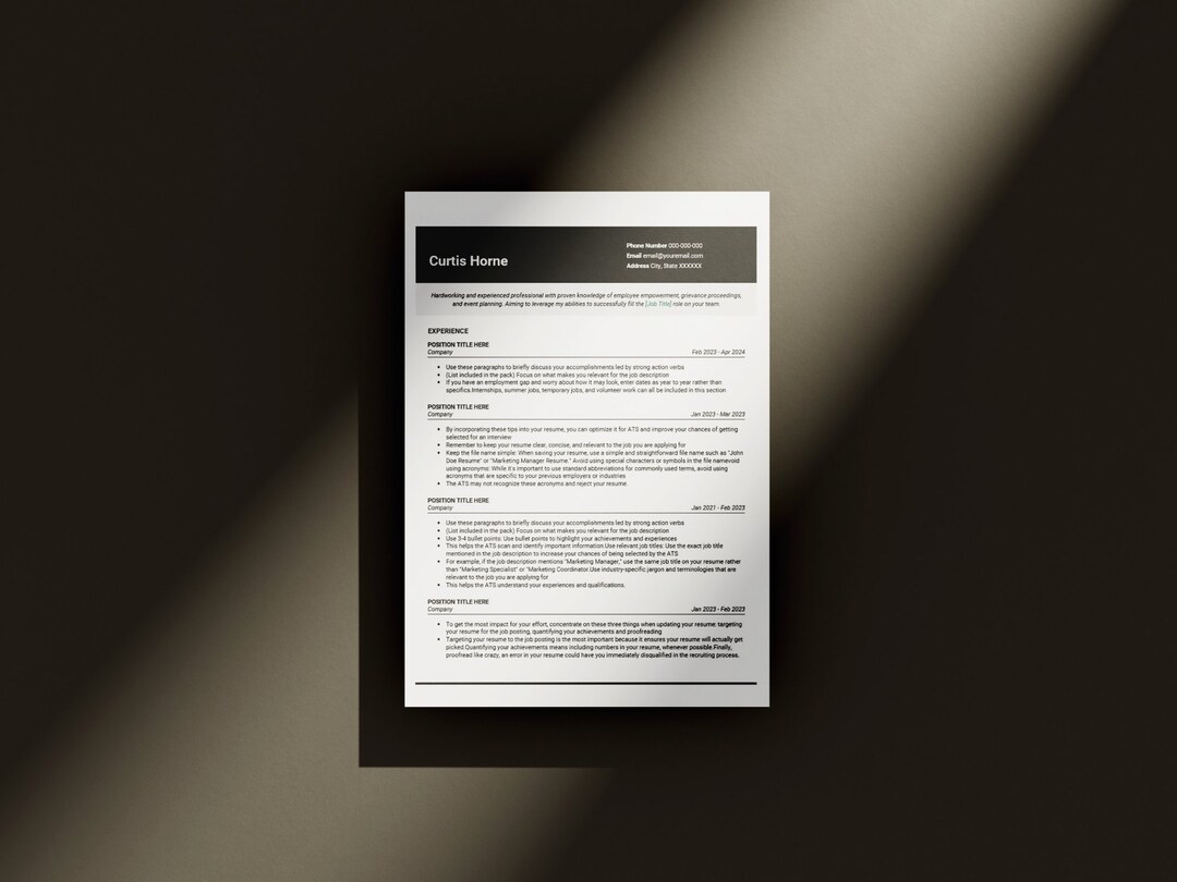 Modern Resume Template Word Ats, Black and White Resume Template ...