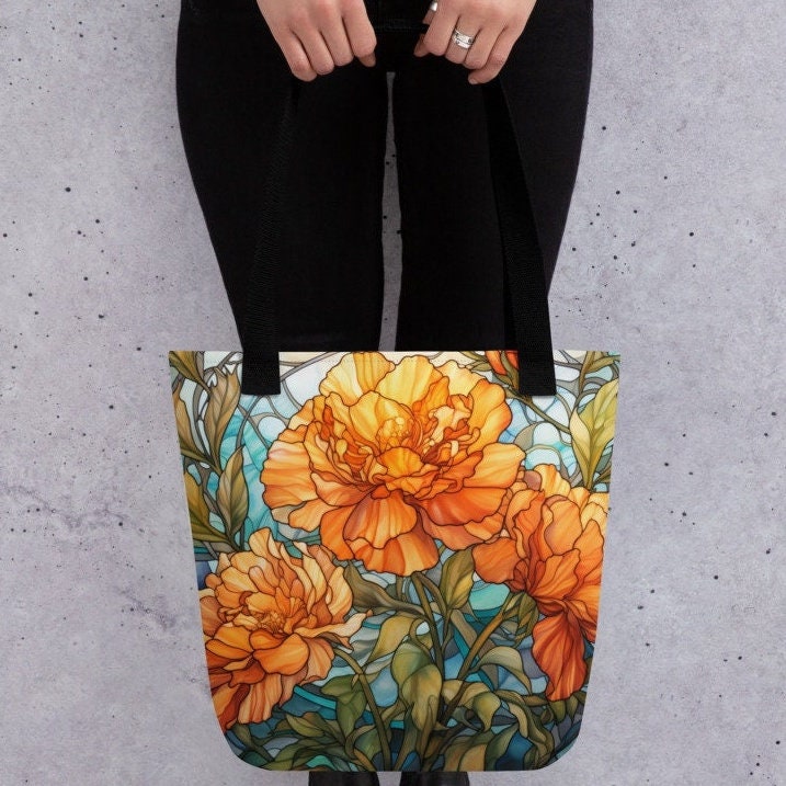 Marigold Birth Month Flower Tote Bag, October Floral Totebag, Stained ...