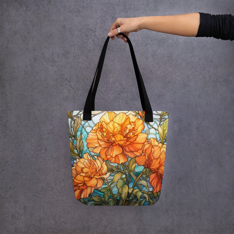 Marigold Birth Month Flower Tote Bag, October Floral Totebag, Stained ...