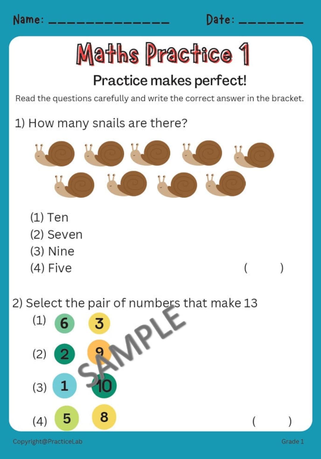 Grade 1 Printable Mathematics Worksheets 10 Pages - Etsy