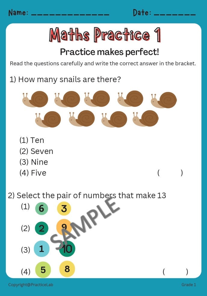 Grade 1 Printable Mathematics Worksheets 10 Pages - Etsy
