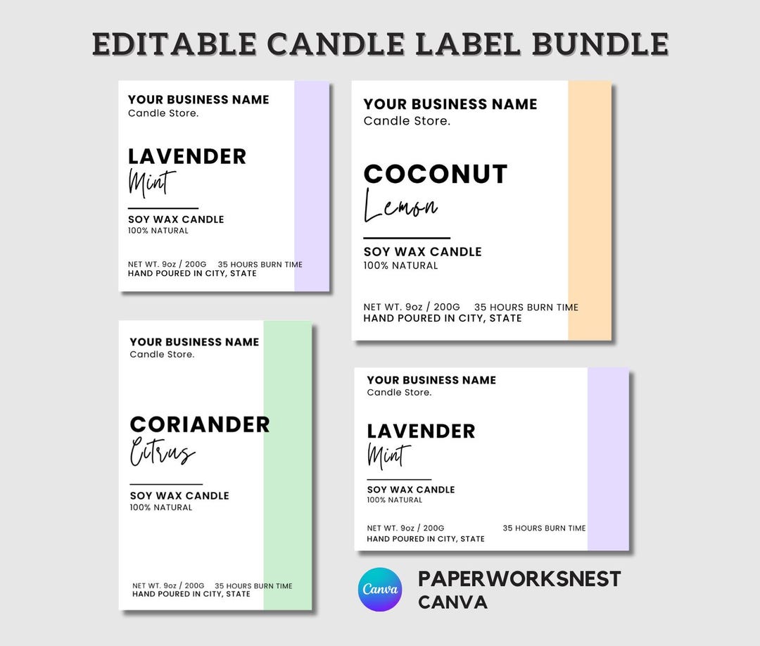 Editable Candle Label, DIY Candle Sticker, Modern Candle Label Designs ...