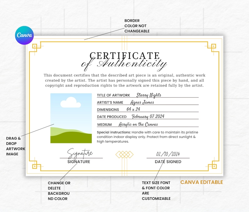 Certificate of Authenticity Template for Artwork, Printable Certificate ...