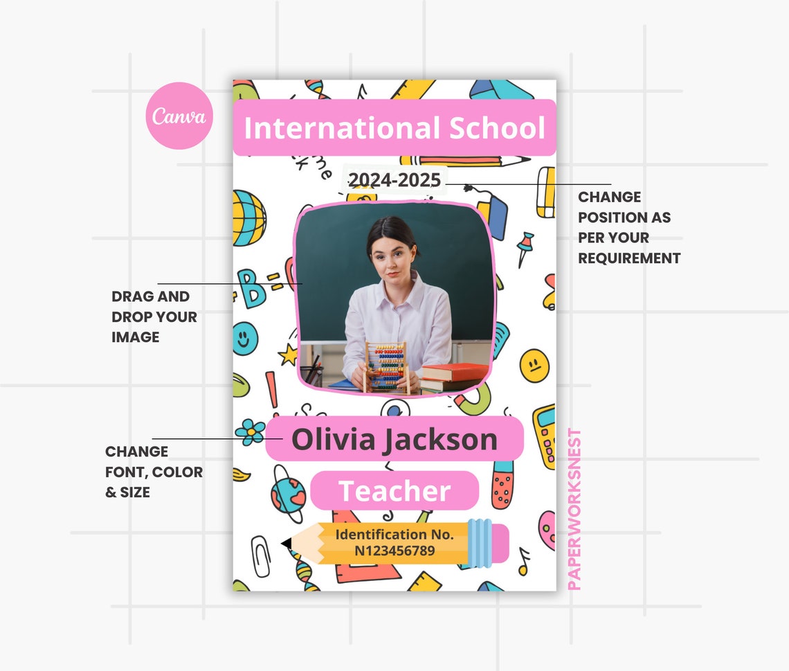 Teacher ID Card Template Customizable Template Custom Teacher ID Badge ...