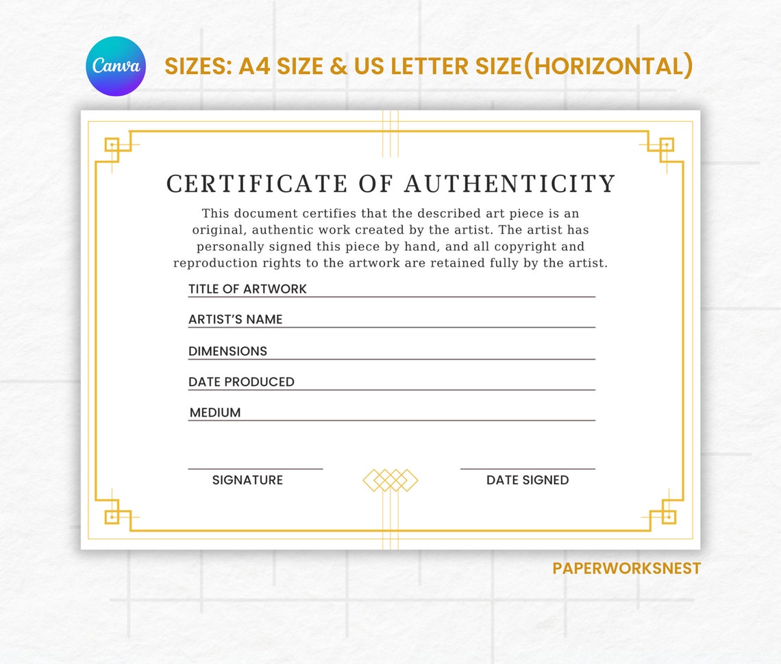 Editable Certificate of Authenticity for Artwork Template, Printable ...