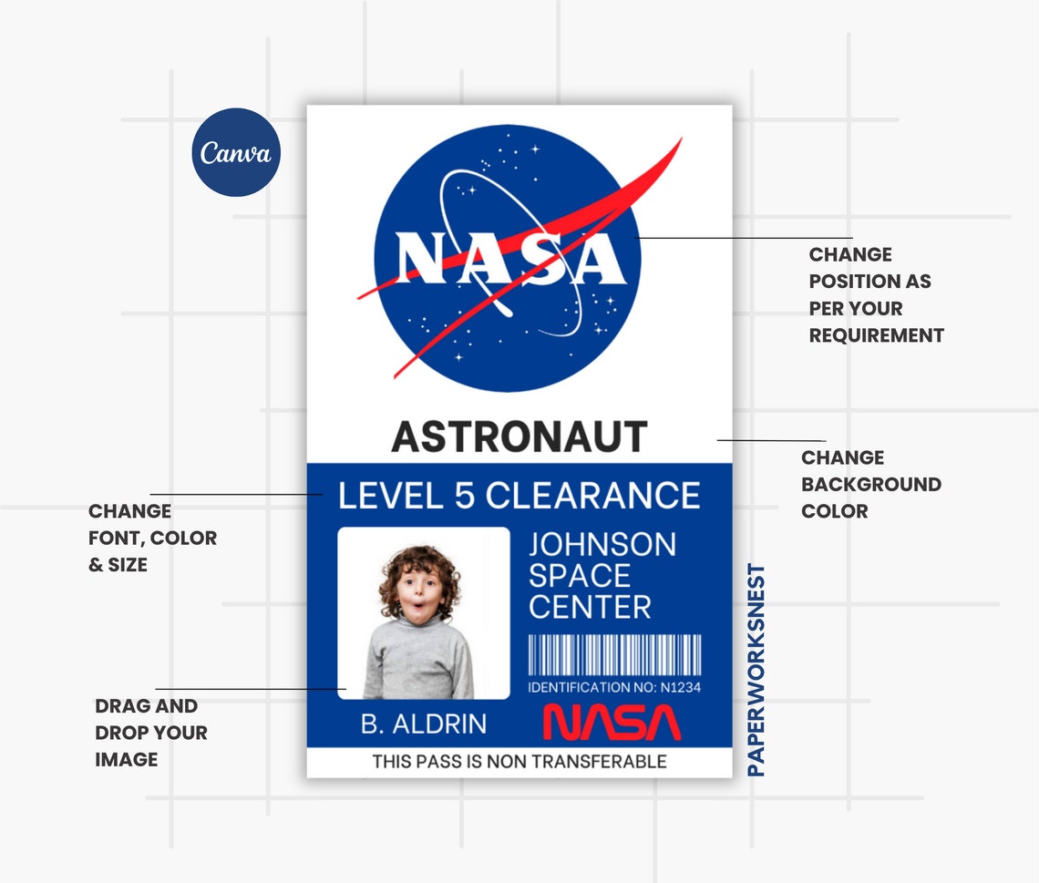 NASA Astronaut ID Badge Template , Name Badge, Space Astronaut Prop for ...