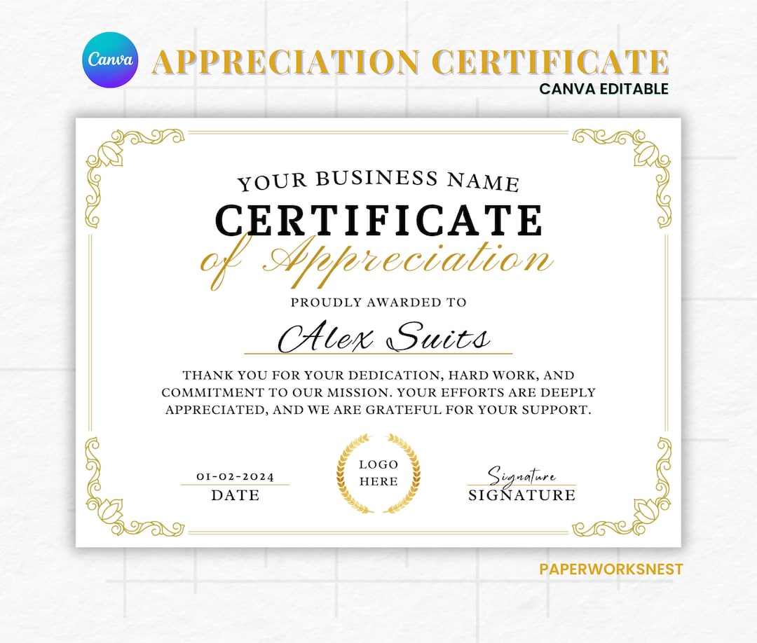 Editable Certificate of Appreciation Template, Printable Appreciation ...