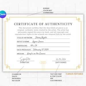 Editable Certificate of Authenticity for Artwork Template, Printable ...