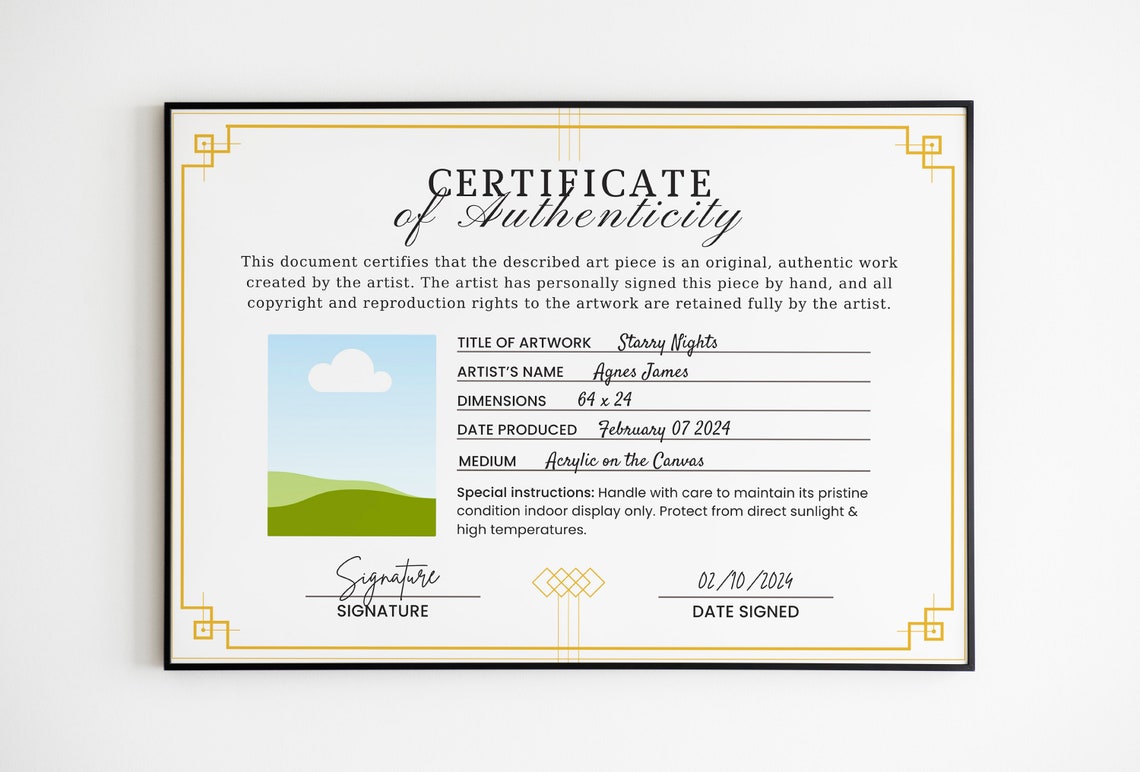 Certificate of Authenticity Template for Artwork, Printable Certificate ...