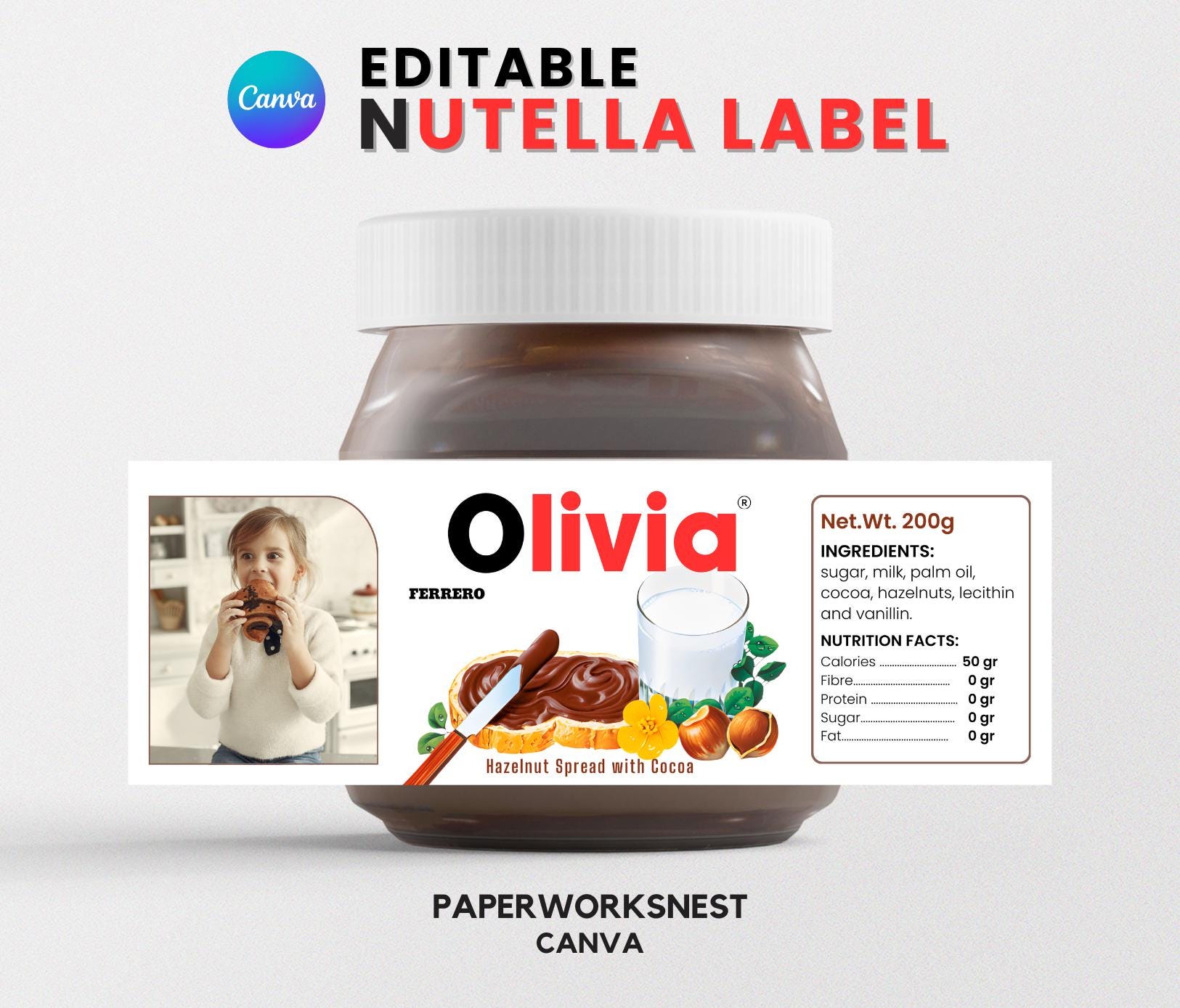 Personalized Nutella Jar Labels, Custom Hazelnut Spread Labels ...