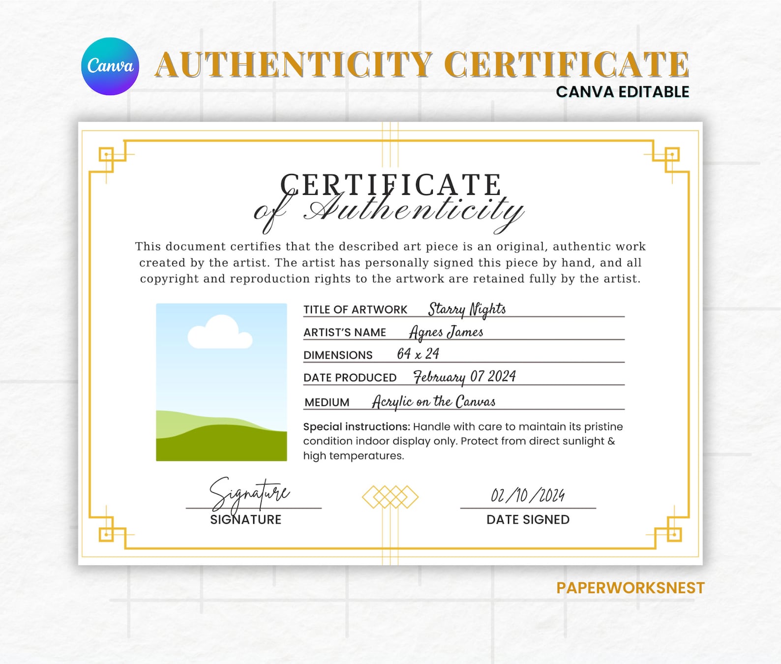 Certificate of Authenticity Template for Artwork, Printable Certificate ...