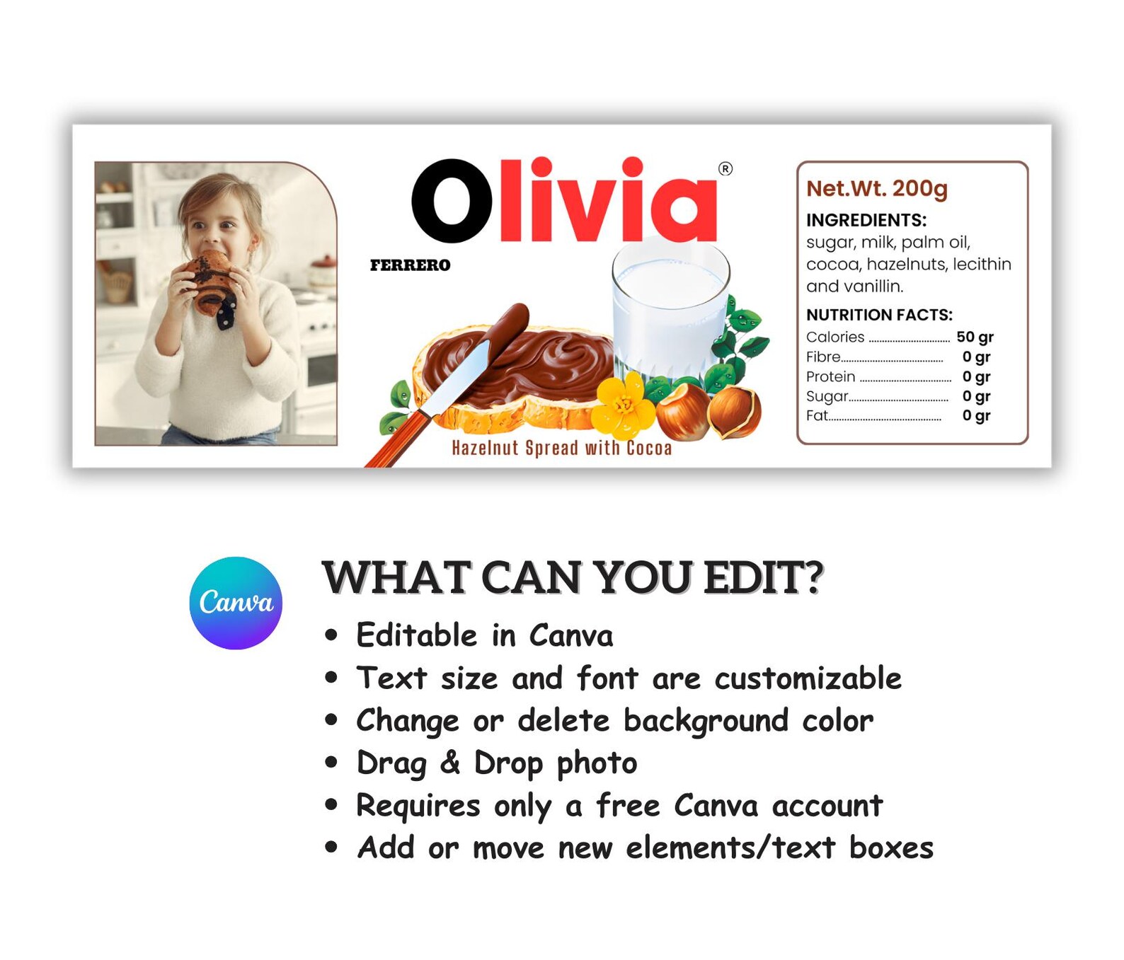 Personalized Nutella Jar Labels, Custom Hazelnut Spread Labels ...