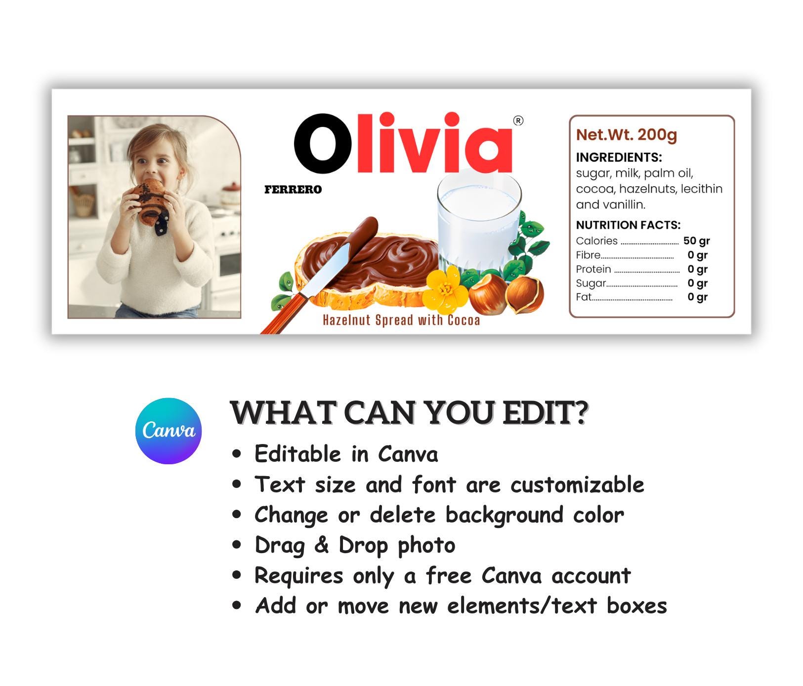 Personalized Nutella Jar Labels, Custom Hazelnut Spread Labels ...