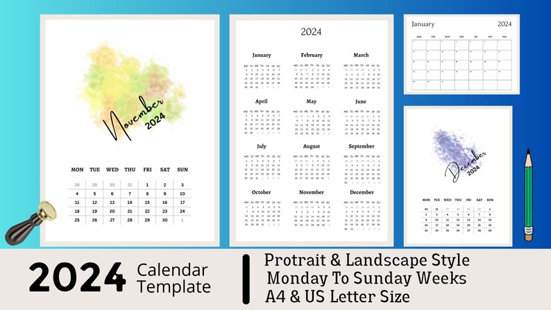 Printable 2024 Monthly Calendar PDF, Saturday and Monday Star, Letter ...