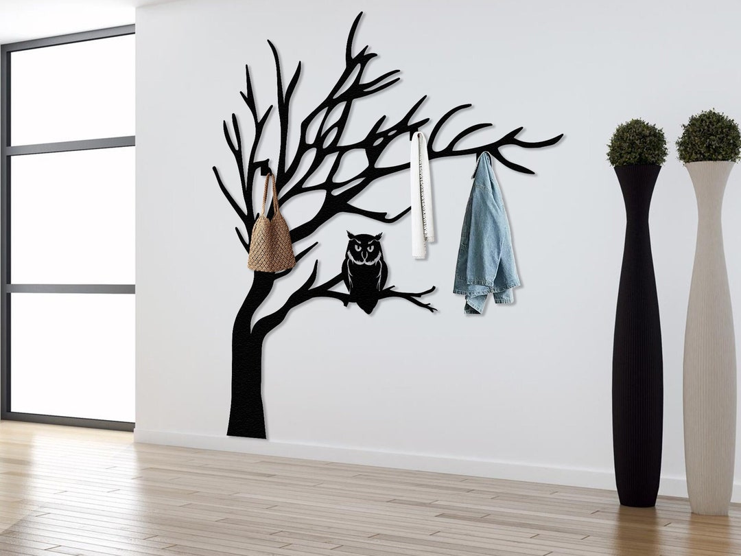 TREE With OWL Metal Coat Rack, Extra Large Tree Branch Coat Rack Wall ...