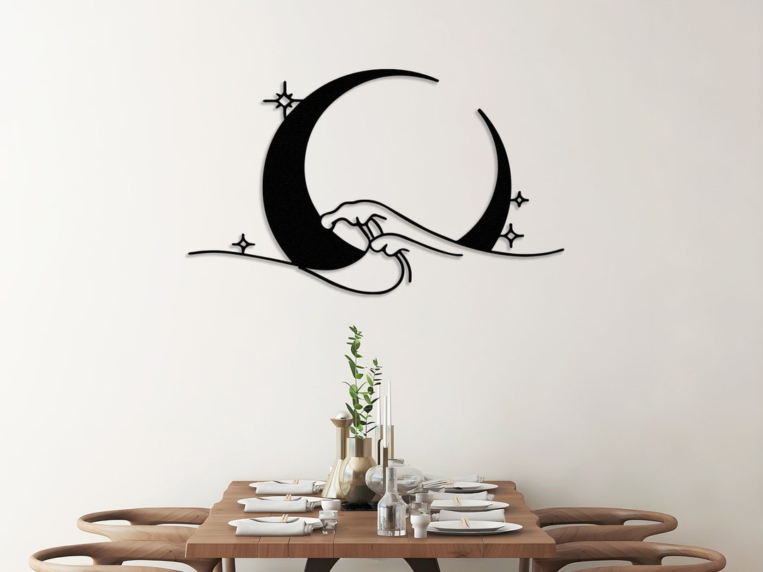Moon and Wave Metal Wall Art Decor Hangings. Crescent Drawing, Ocean ...