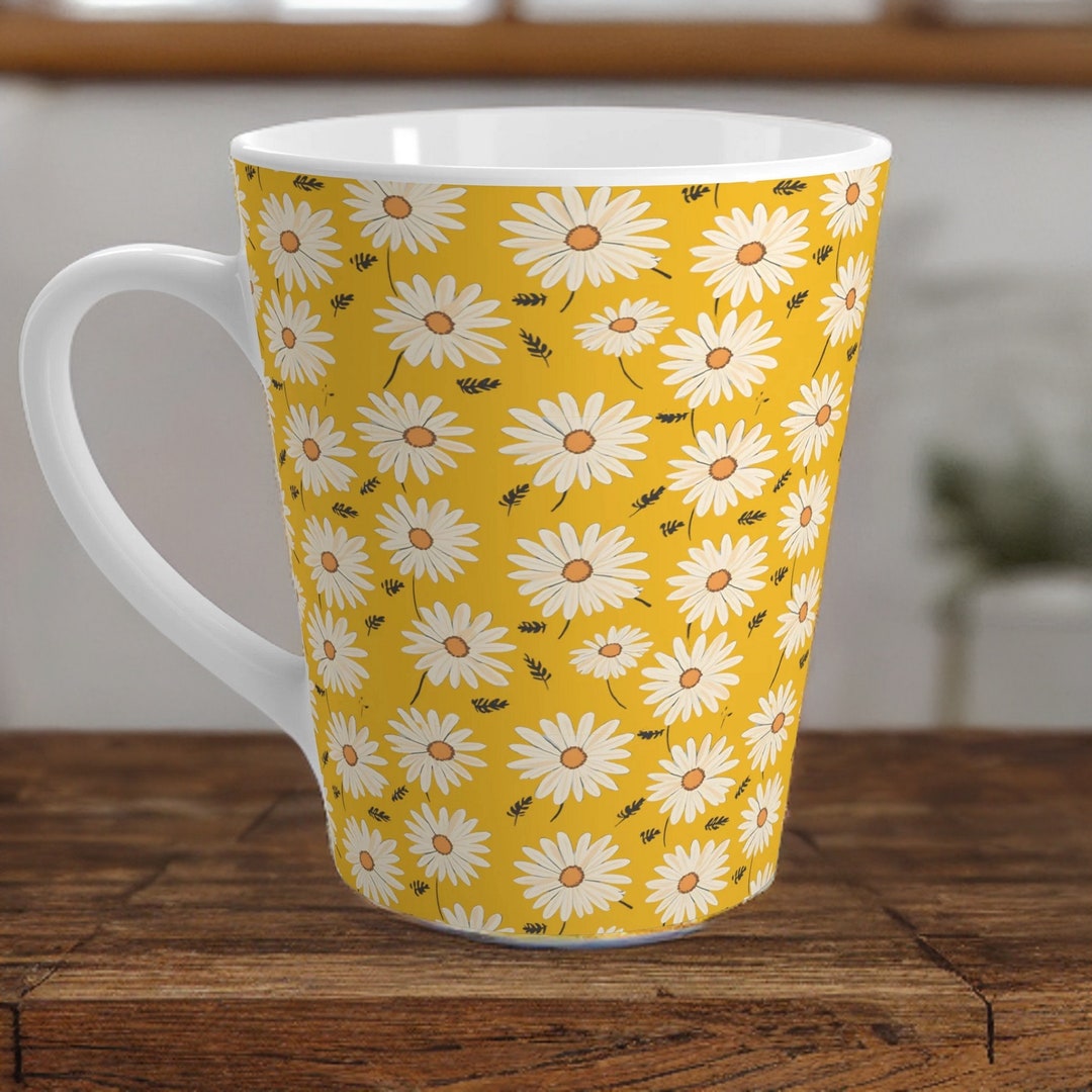 Yellow Daisy Latte Mug, Yellow Background, White Daisies, Floral ...