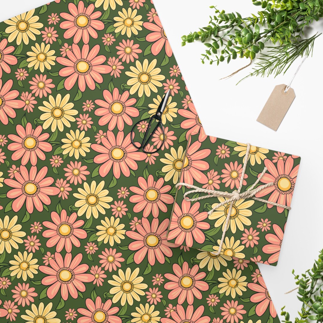 Groovy Retro Daisies Wrapping Paper, Birthday, Anniversary, Party Gift ...
