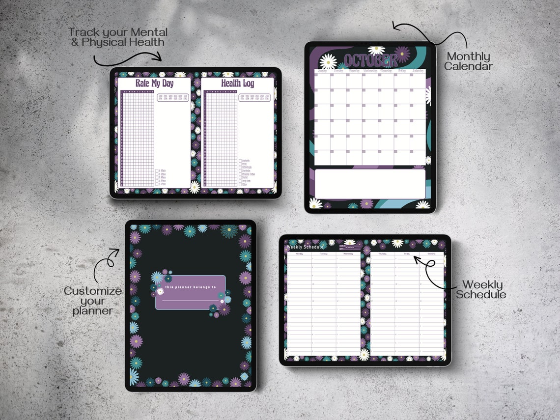 Dark Mode Daisy Digital Planner Self-care Planner Goal - Etsy