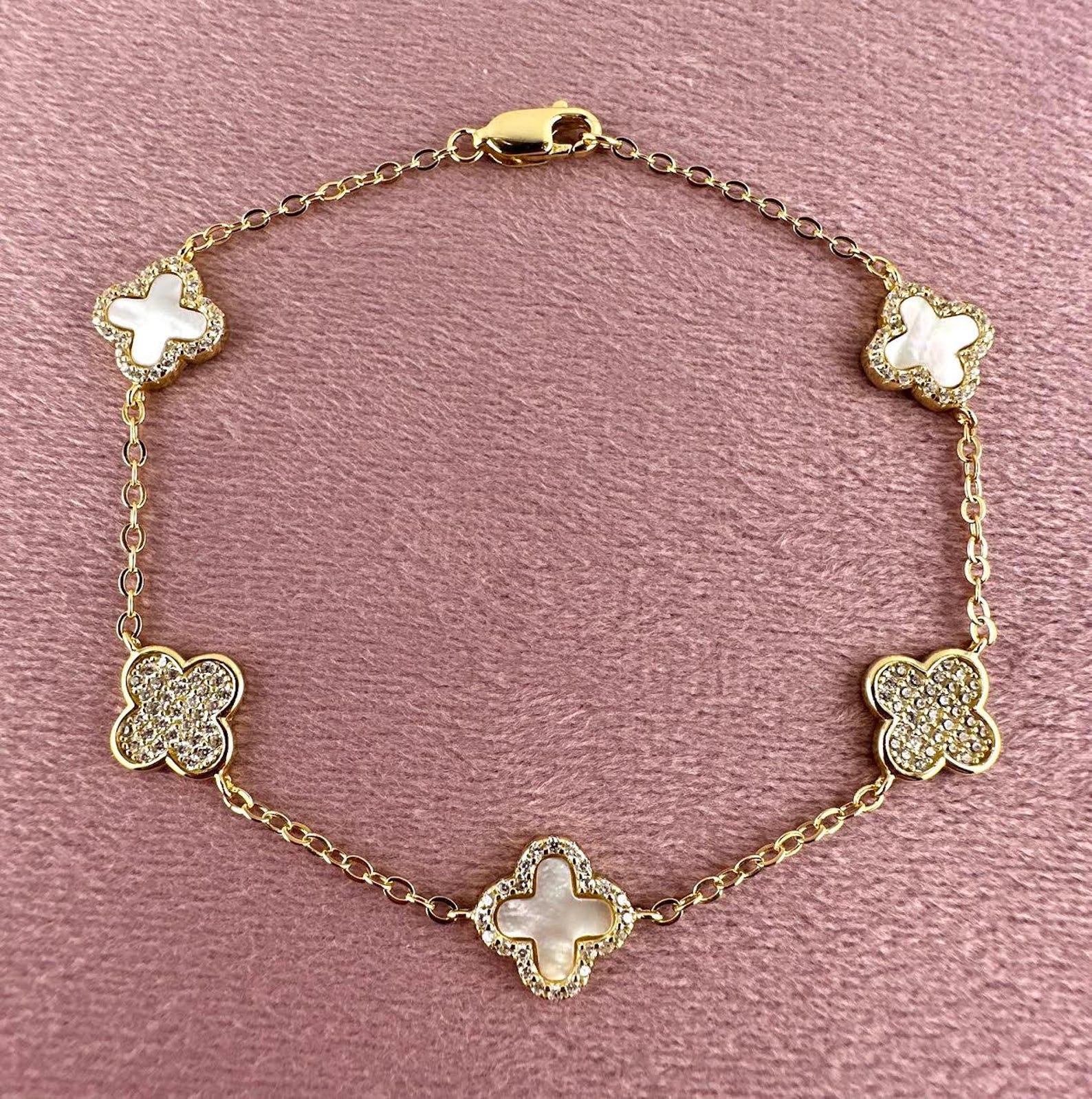 925 Sterling Silver Clover Bracelet, Four Leaf Clover Bracelet, Mother of Pearl,4 Leaf Flower ...