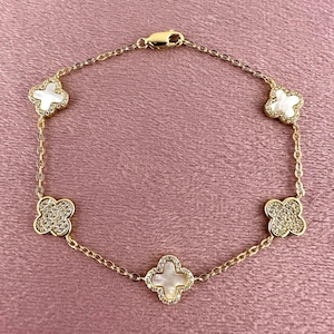 925 Sterling Silver Clover Bracelet, Four Leaf Dainty Clover Bracelet, Mother of Pearl, 4 Leaf ...