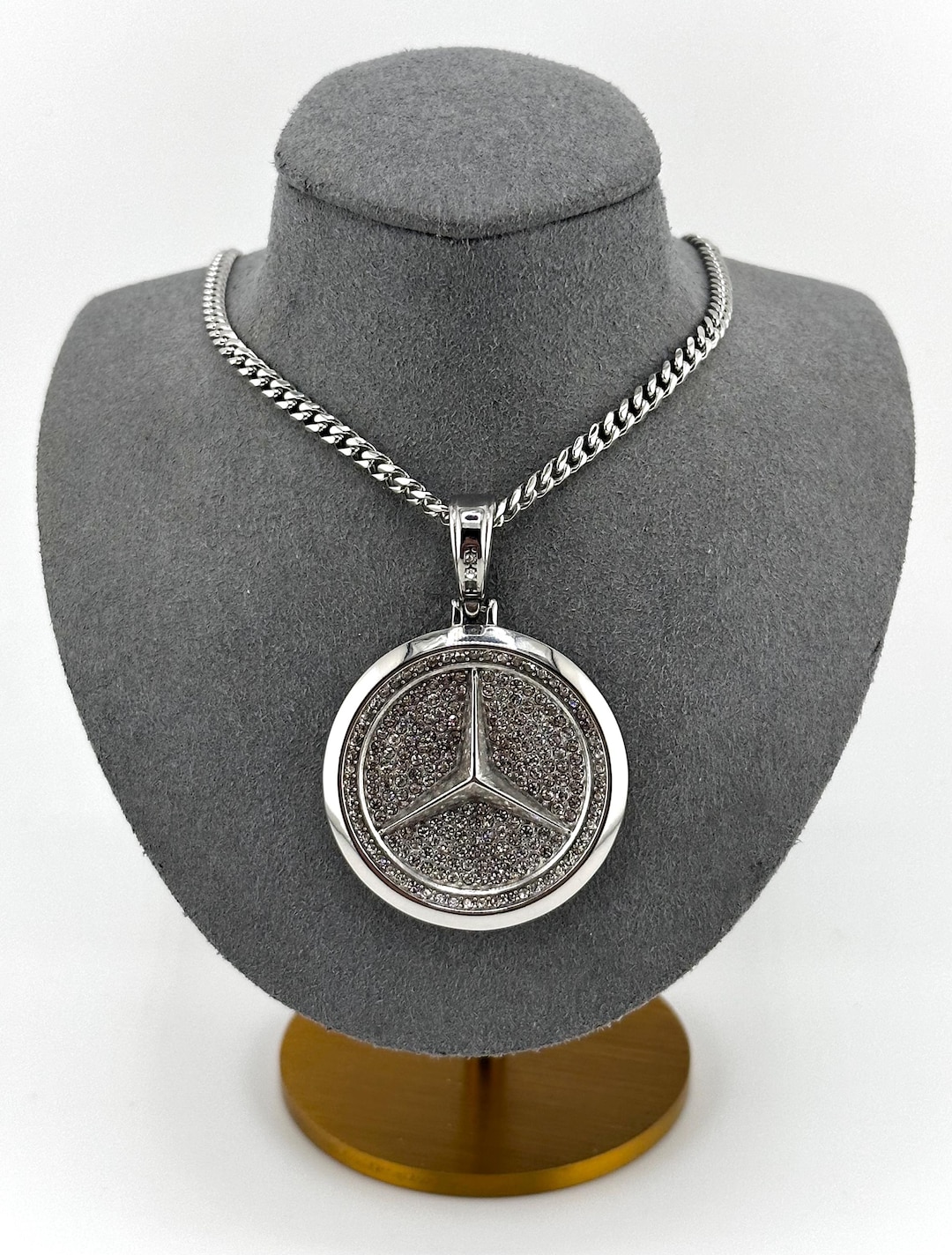 Iced Out Stainless Steel Mercedes Benz Pendant Necklace, Big Mercedes ...