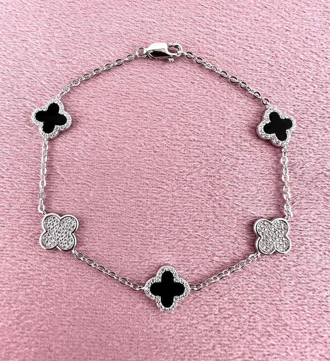 925 Sterling Silver Black Clover Bracelet, Four Leaf Clover, 4 Leaf ...