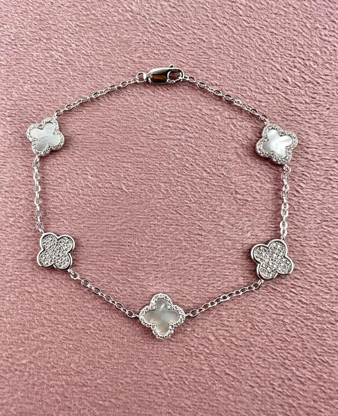 925 Sterling Silver Clover Bracelet, Four Leaf Clover Bracelet, Mother of Pearl,4 Leaf Flower ...
