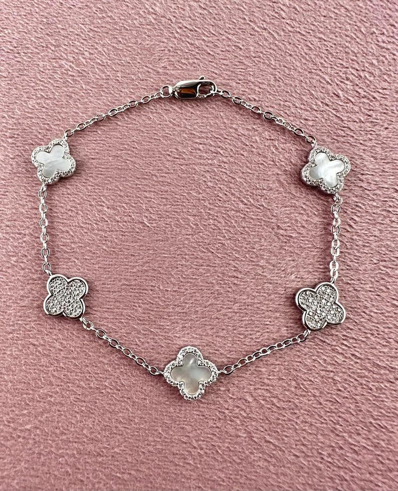 925 Sterling Silver Clover Bracelet, Four Leaf Clover Bracelet, Mother of Pearl,4 Leaf Flower ...