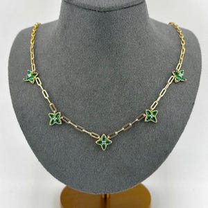 18k Gold Plated, 925 Sterling Silver, Green Clover Necklace, Four Leaf ...
