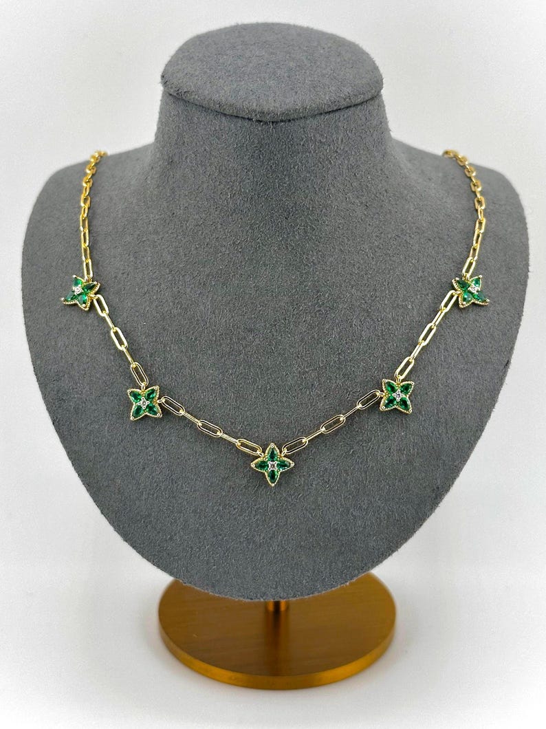 18k Gold Plated, 925 Sterling Silver, Green Clover Necklace, Four Leaf ...