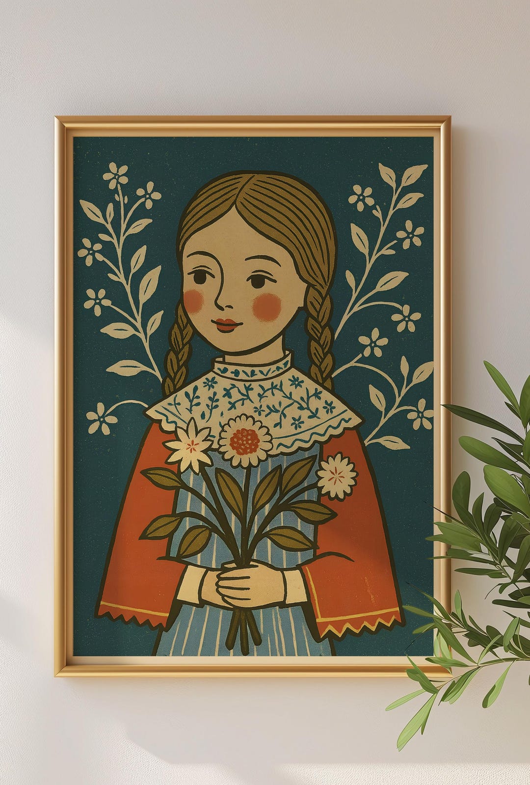 Scandinavian Maiden Print – Retro Folk Art Girl Illustration, Nordic ...