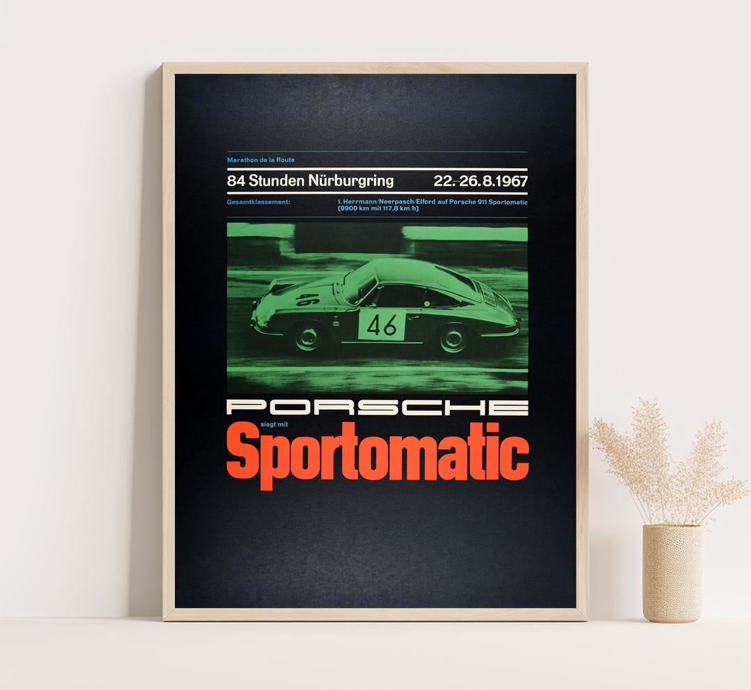 Porsche Poster | Vintage Porsche 911 Poster | 1967 84h Nurburgring Race ...
