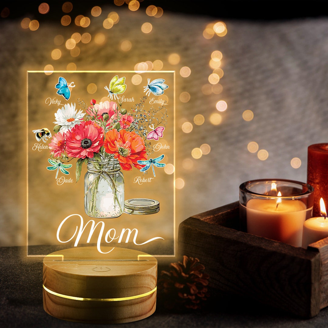 Personalized Happy Mother's Day Night Light, Watercolor Vase of Flowers ...