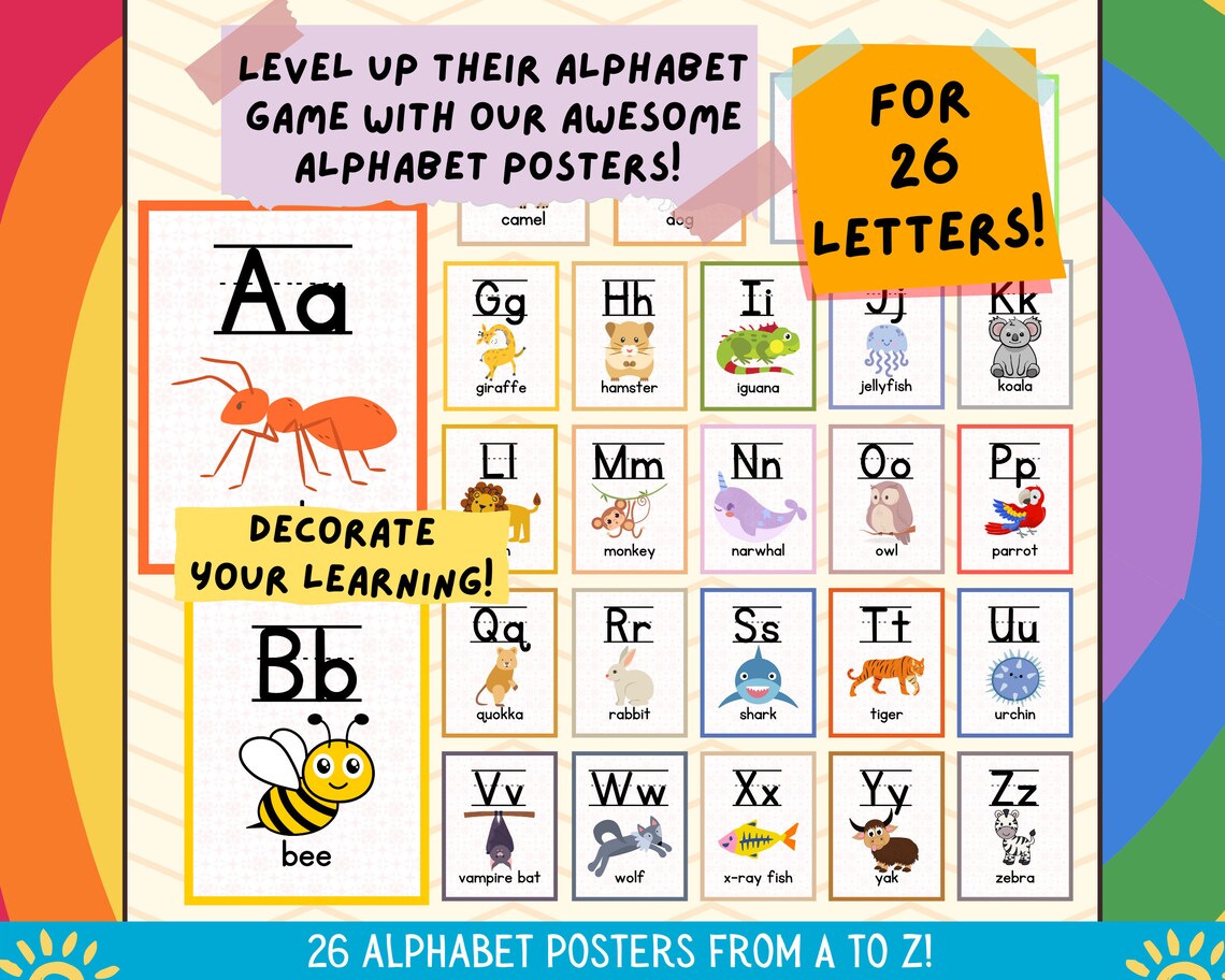 Alphabet Posters Classroom Decoration Printables, Animals, Colorful ...