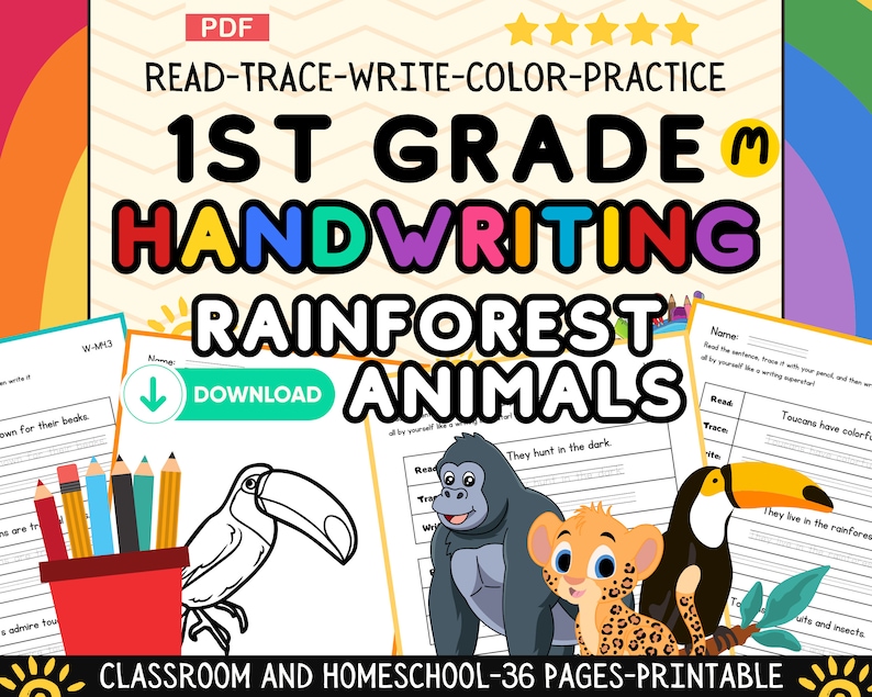 Rainforest Animals Handwriting Exercises With Sentences and Coloring ...