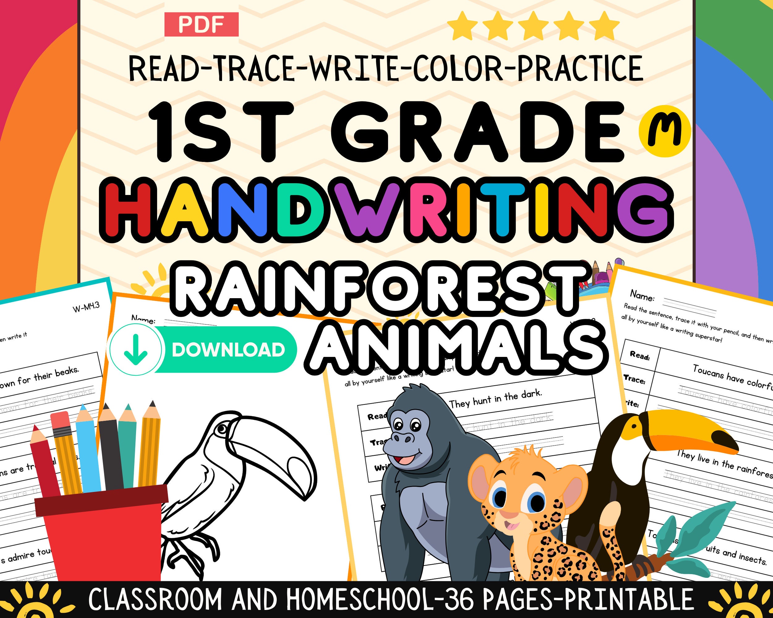 Rainforest Animals Handwriting Exercises With Sentences and Coloring ...