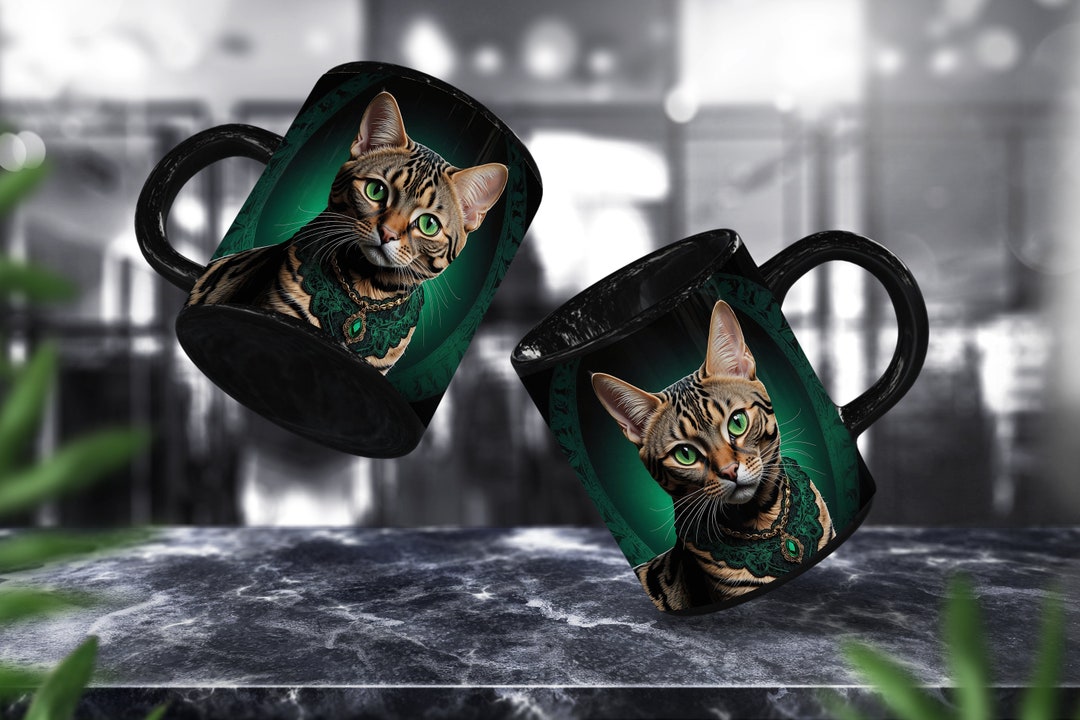 Bengal Cat Mug, Ceramic 110z. Black and Green Gothic Lace Design ...