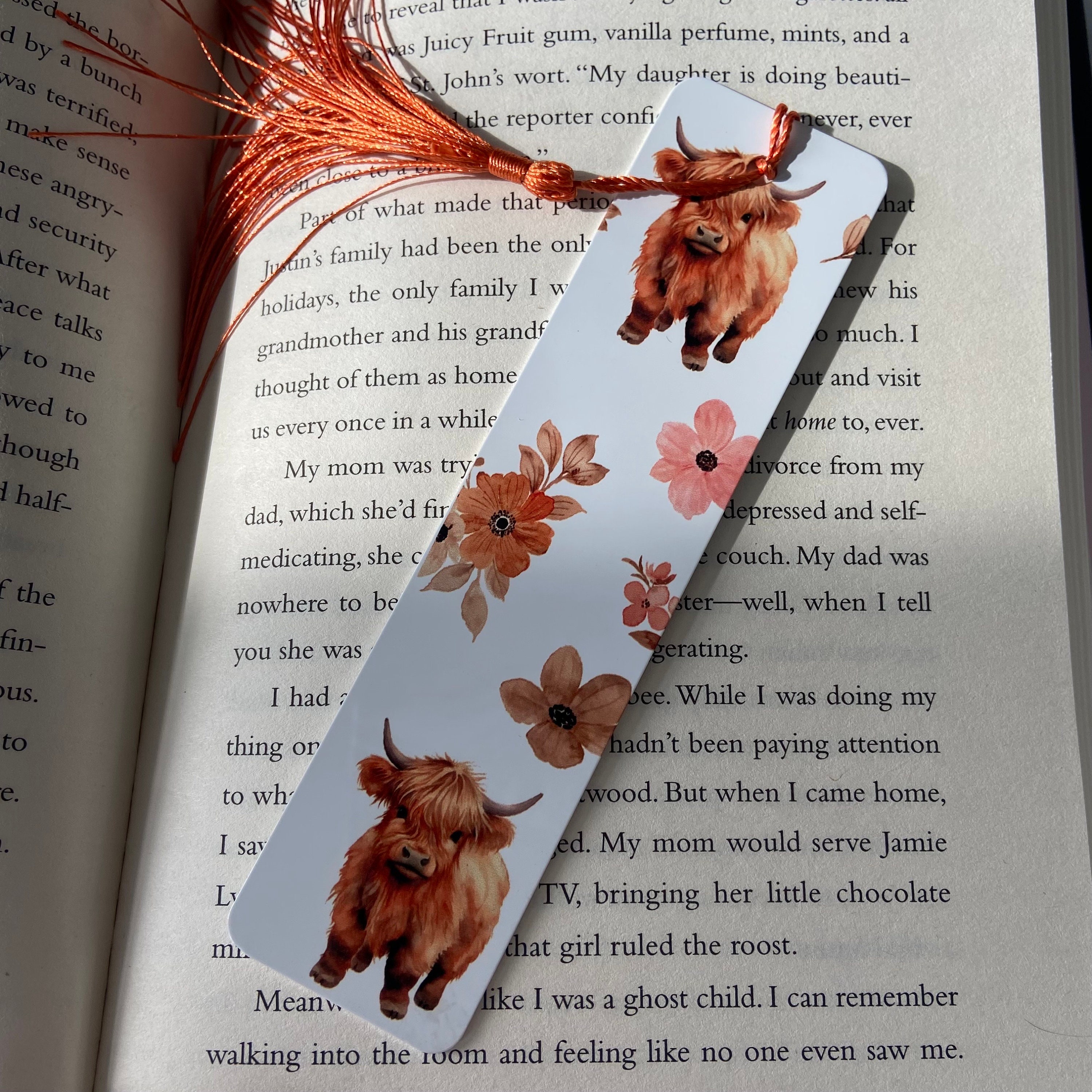 Highland Cow Bookmark With Tassels Floral Print. Approx. 4cmx15cm ...