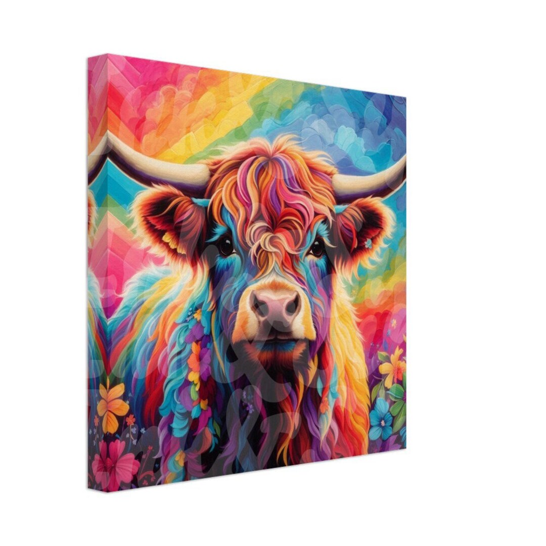 Highland Cow Colourful Canvas Print. 20x20, 30x30, 60x60cm. With Wall ...