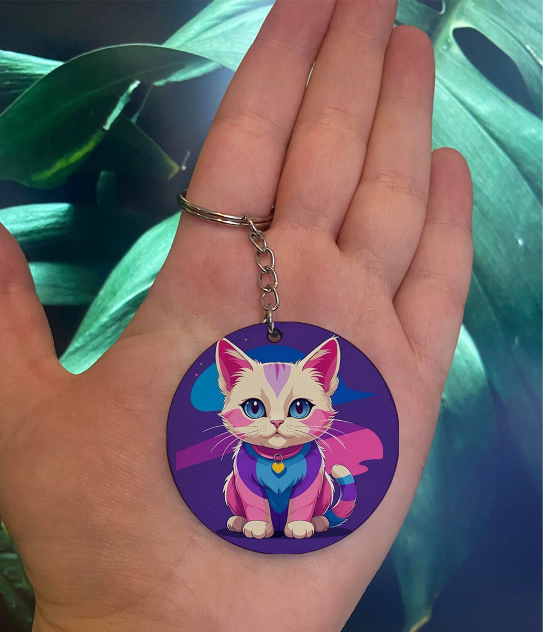 White Cat Bisexual Flag Colours Keyring. Glossy Finish. LGBTQIA, 5cm ...